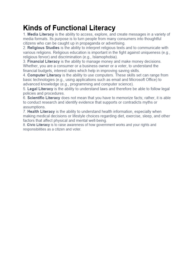 Kinds of Functional Literacy | PDF | Social Science