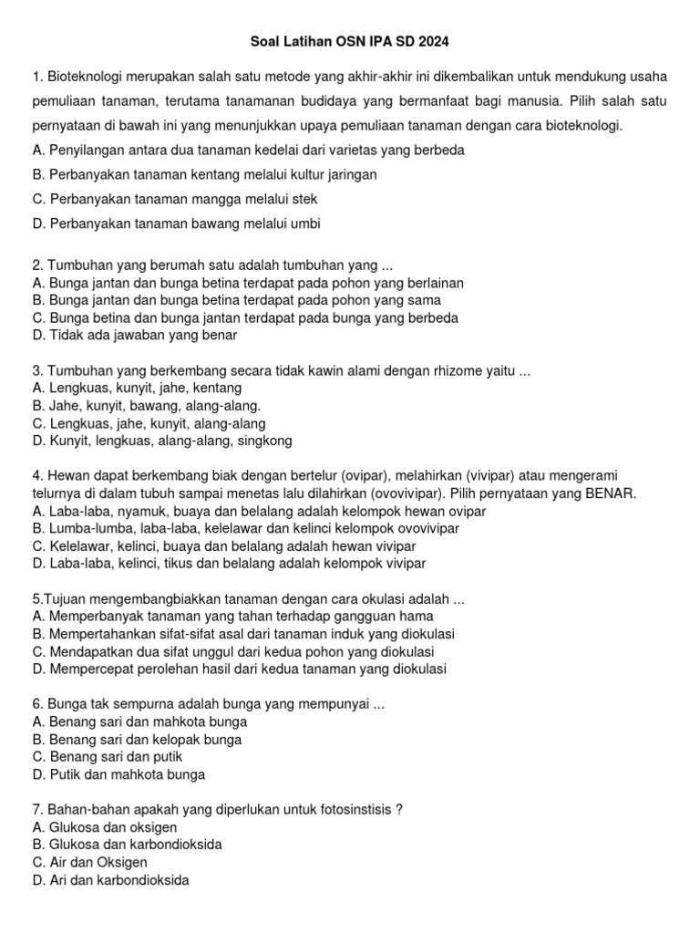Soal Latihan OSN IPA SD 2024 - Siswa | PDF
