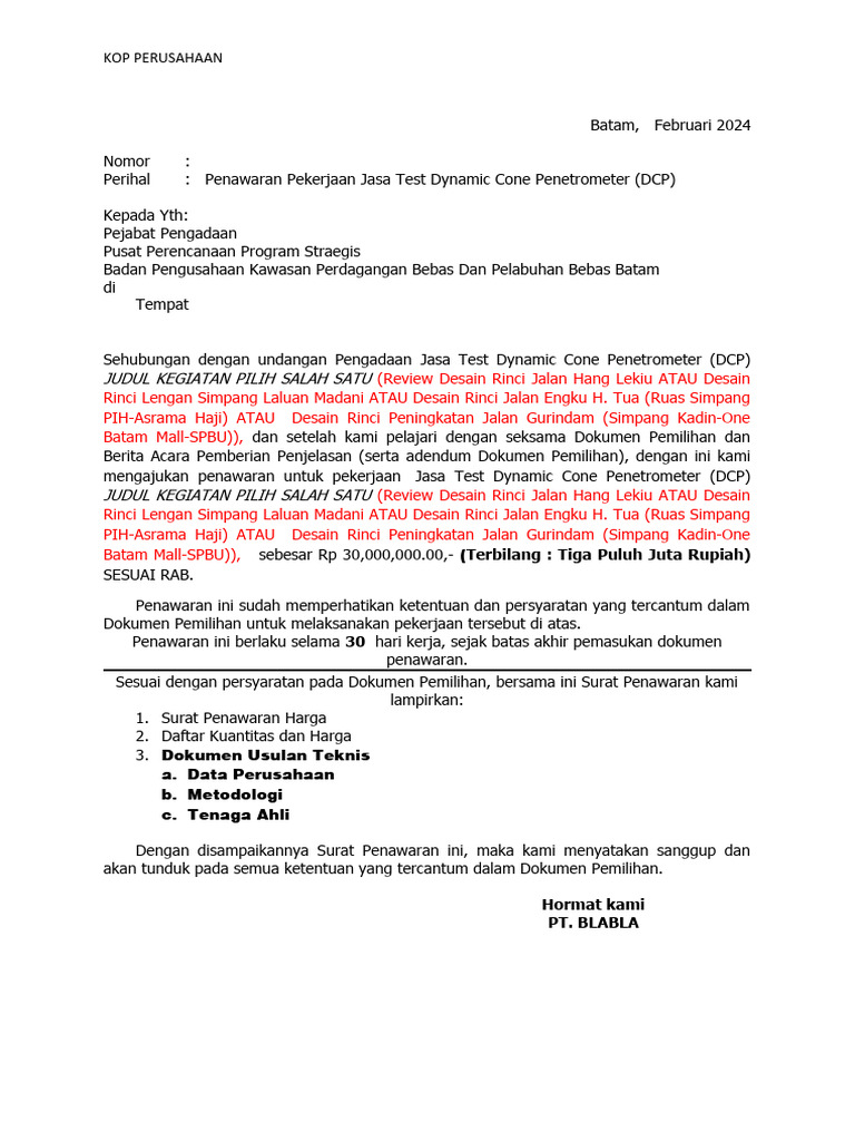 Contoh Surat Penawaran DCP | PDF