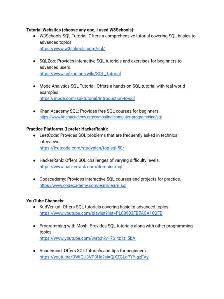 SQL Resources | PDF | Tutorial | Cyberspace