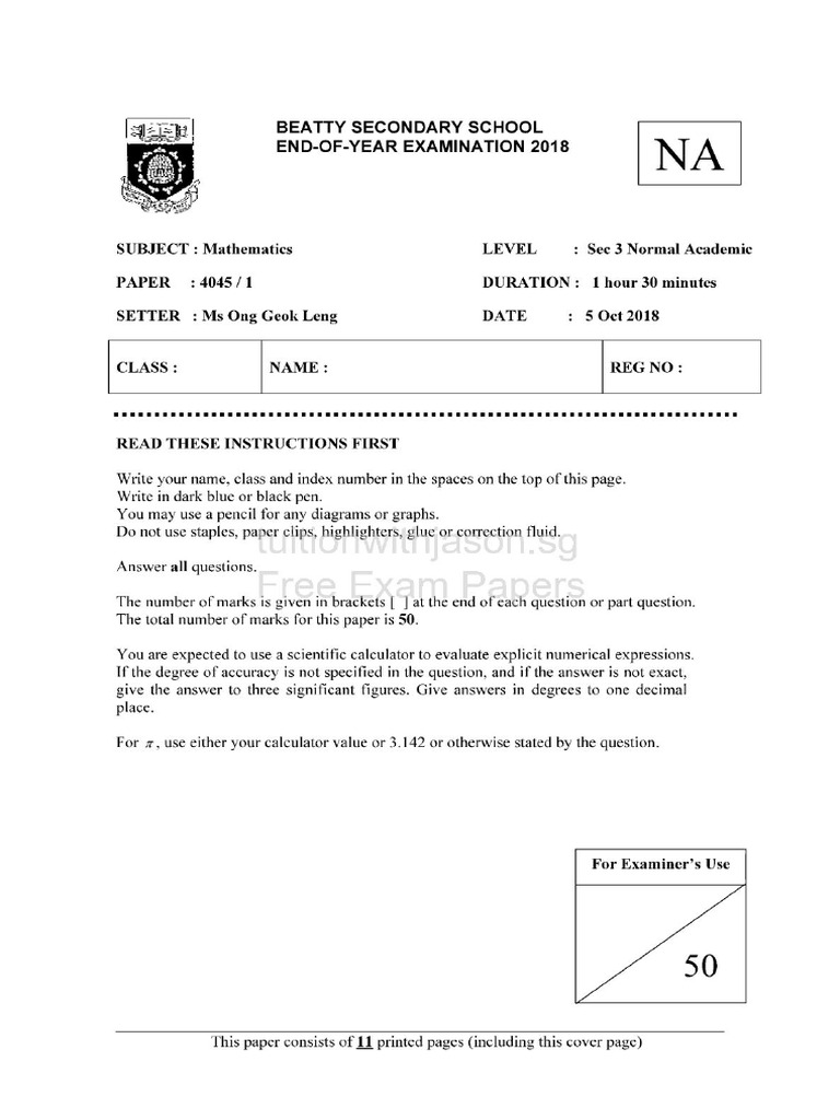 E-Math - Sec 3 NA - SA 2 - 2018 - Beatty | PDF