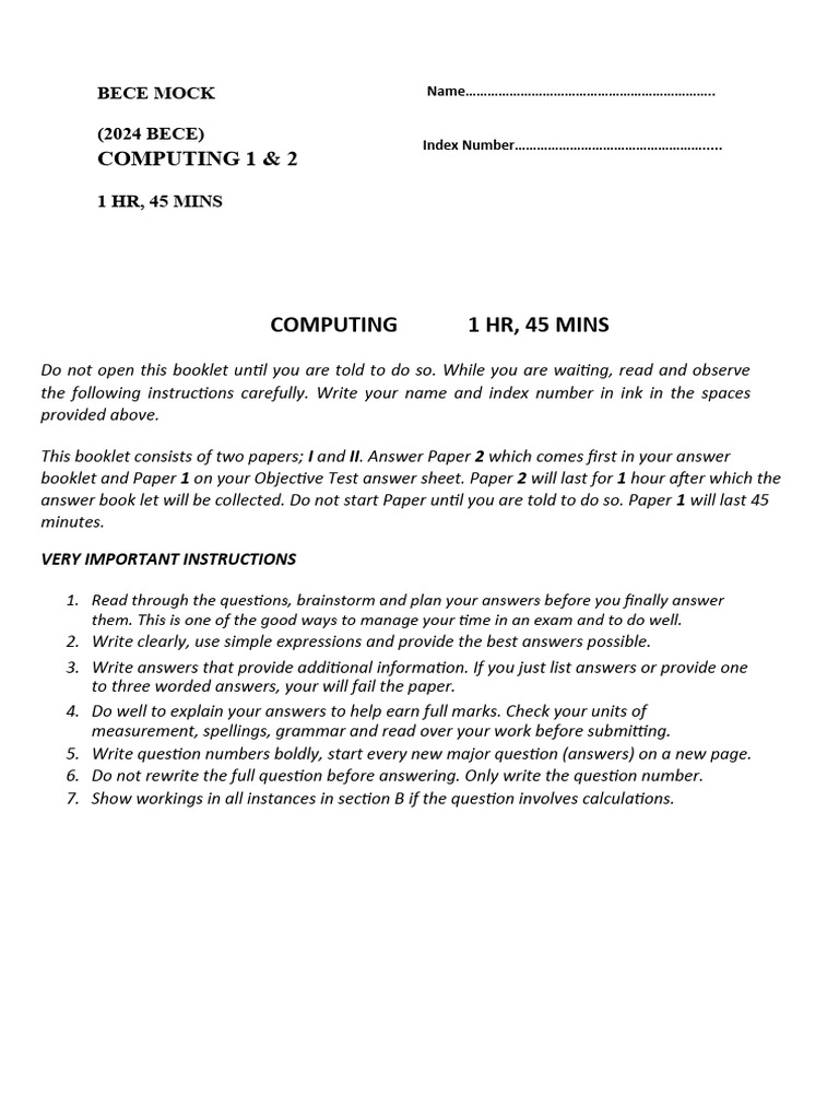 2024 BECE Computing Mock Exam | PDF | Artificial Intelligence ...