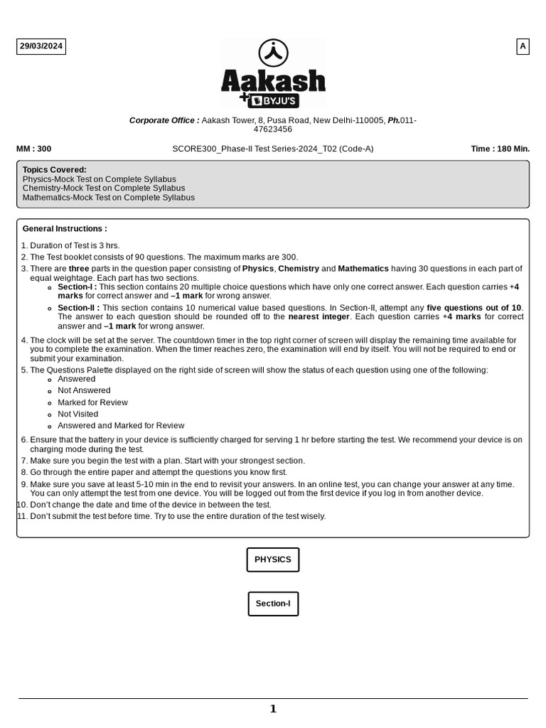 SCORE300 - Phase II Test Series 2024 - T02 (Code A) - Question | PDF ...