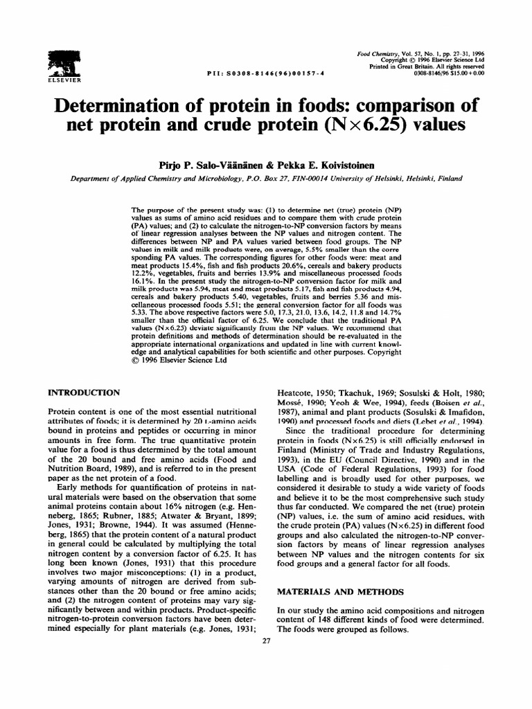 Determination of Protein in Foods: Comparison of Net Protein and Crude ...