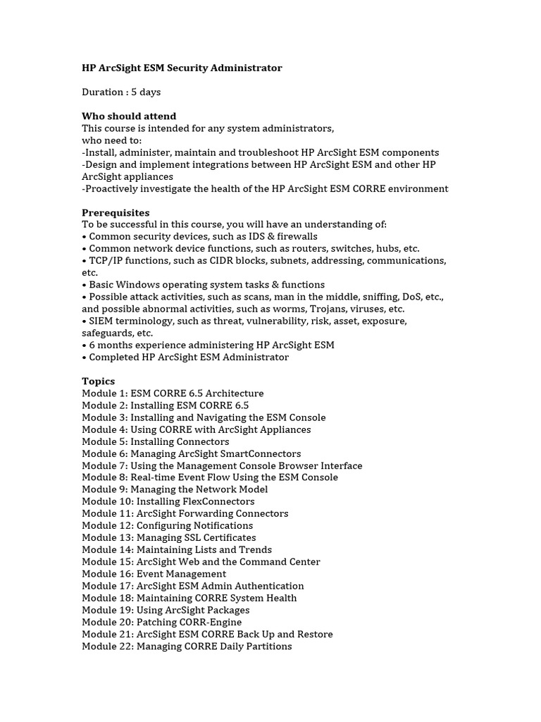 HP ArcSight ESM 6.5 Admin | PDF