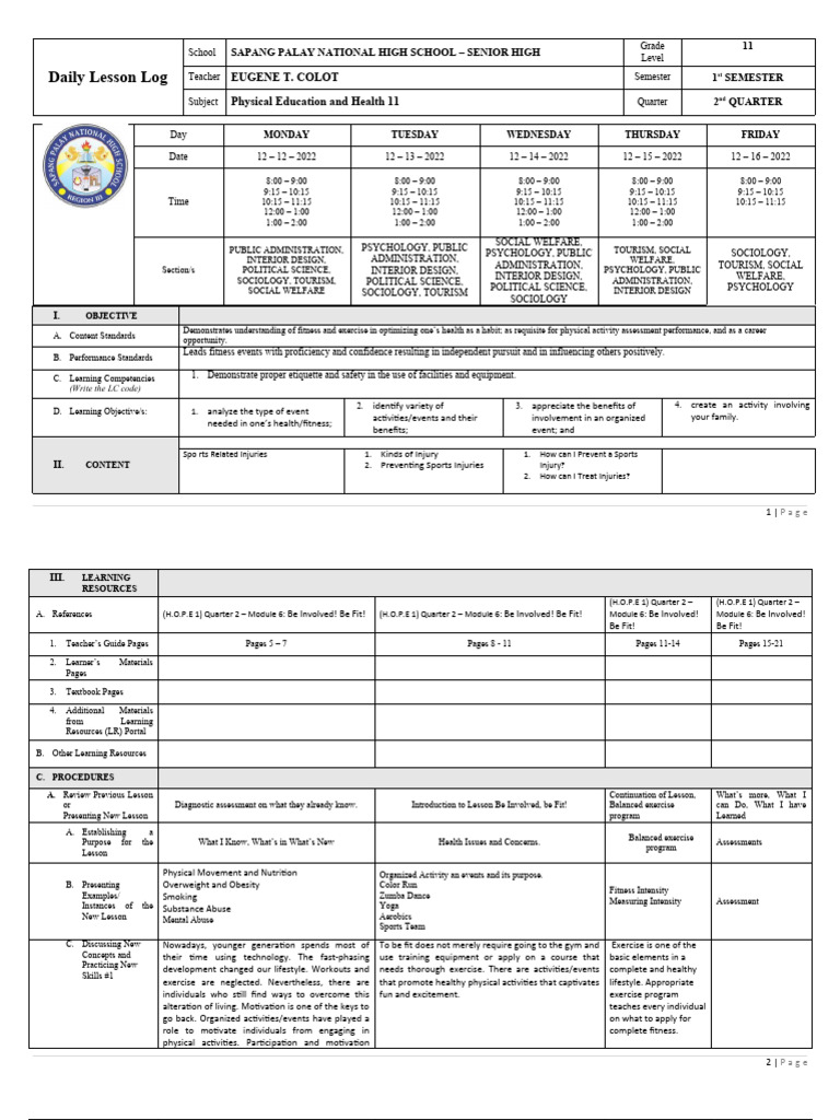 DLL PEH 11 Q2 M6 Michelle G | PDF | Physical Fitness | Behavior ...