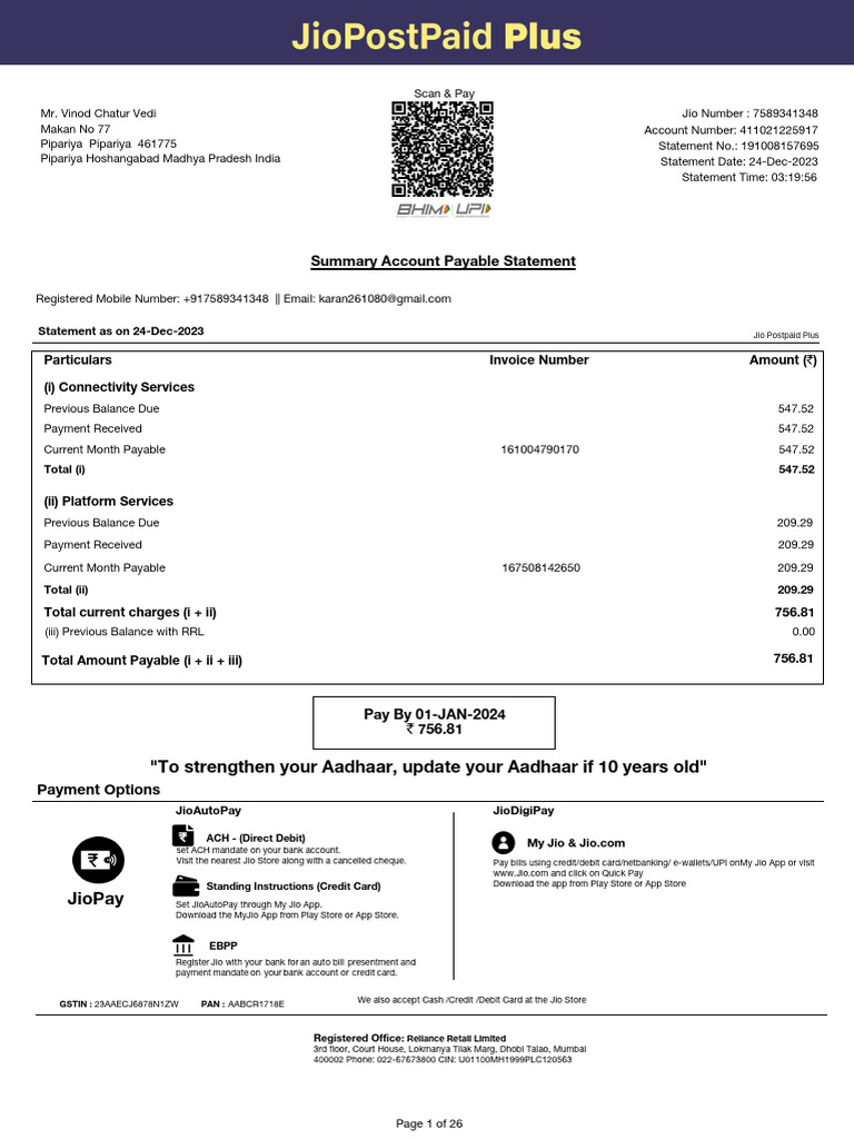 My - Bill - 7589341348-2 Dec 23 | PDF | Credit Card | Cheque