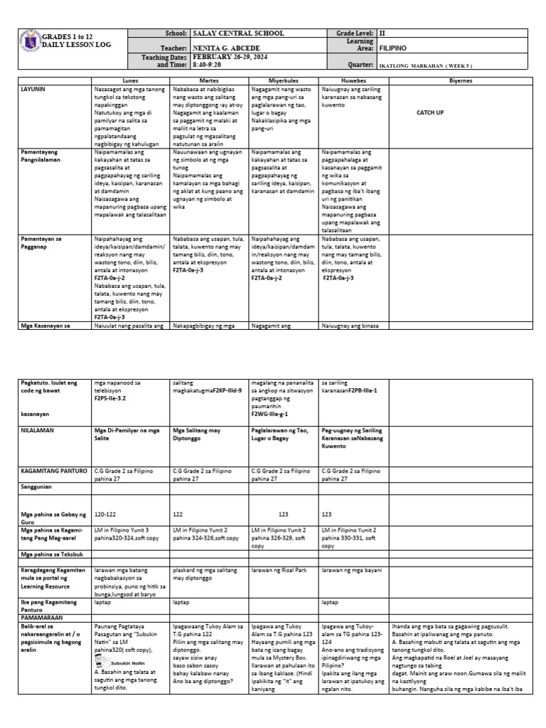 Grade 2 DLL Filipino 2 Q3 Week 5 | PDF