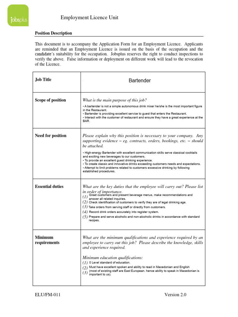 Position Description - Bartender | PDF | Bartender | Employment