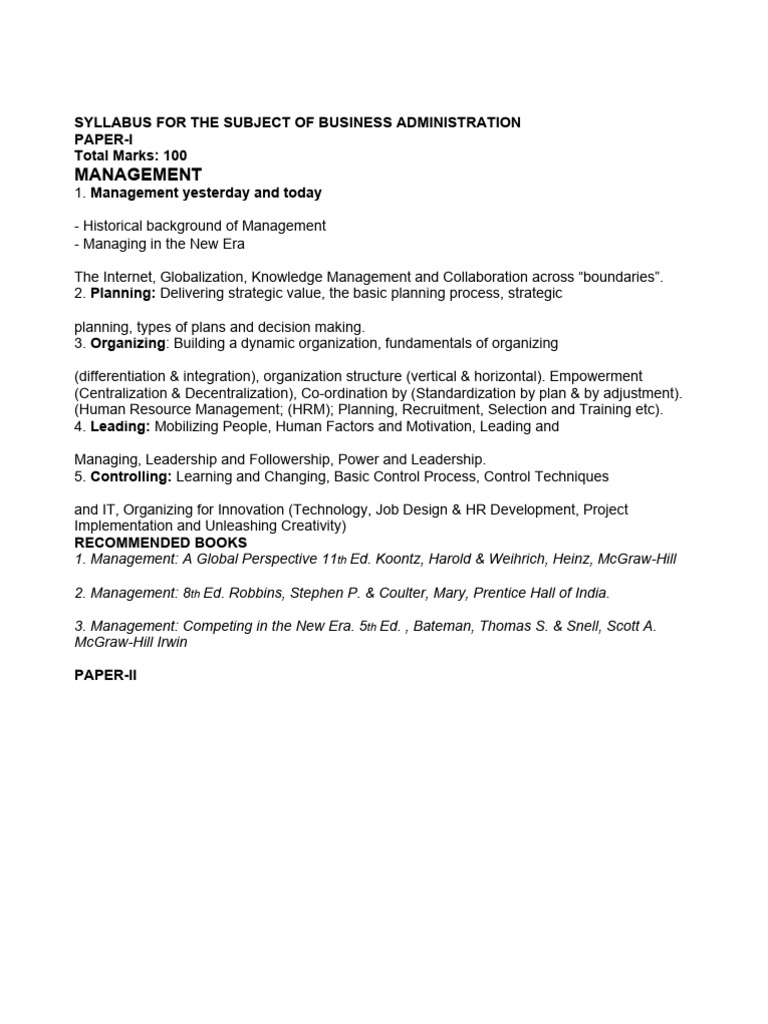 Syllabus For The Subject of Business Administration | PDF | Marketing ...