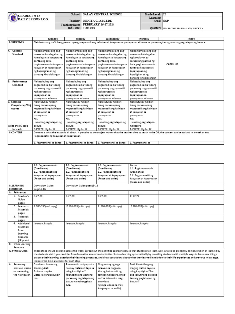 Grade 2 DLL ESP 2 Q3 Week 5 | PDF