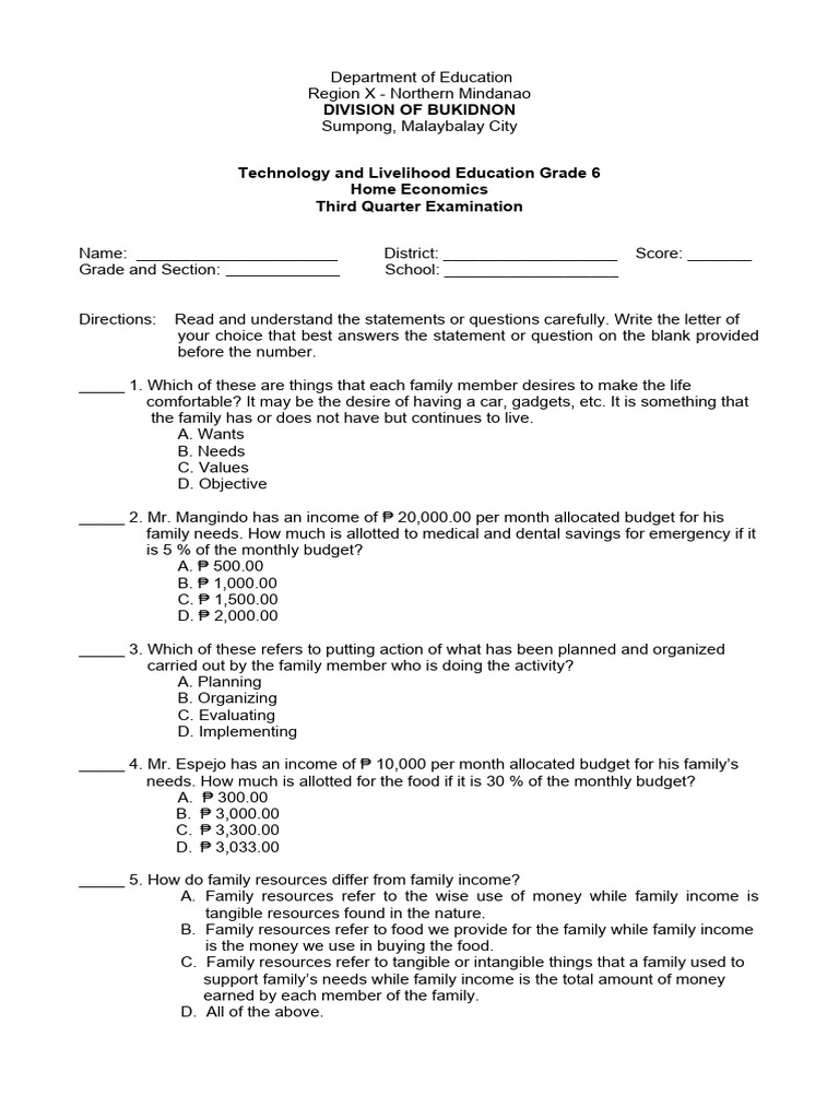 TLE Home Economics G6 Q3 Test Items Edited With Key Answers Submitted ...