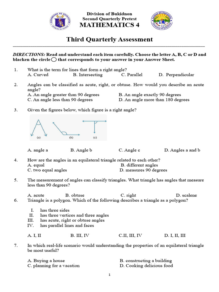Math4 - Q3 - Quarterly Assessment | PDF | Triangle | Euclidean Plane Geometry