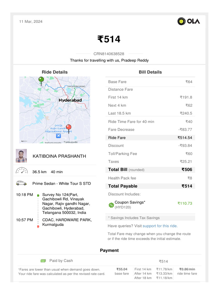 Ola Ride Invoice for Pradeep Reddy | PDF | Invoice | Payments