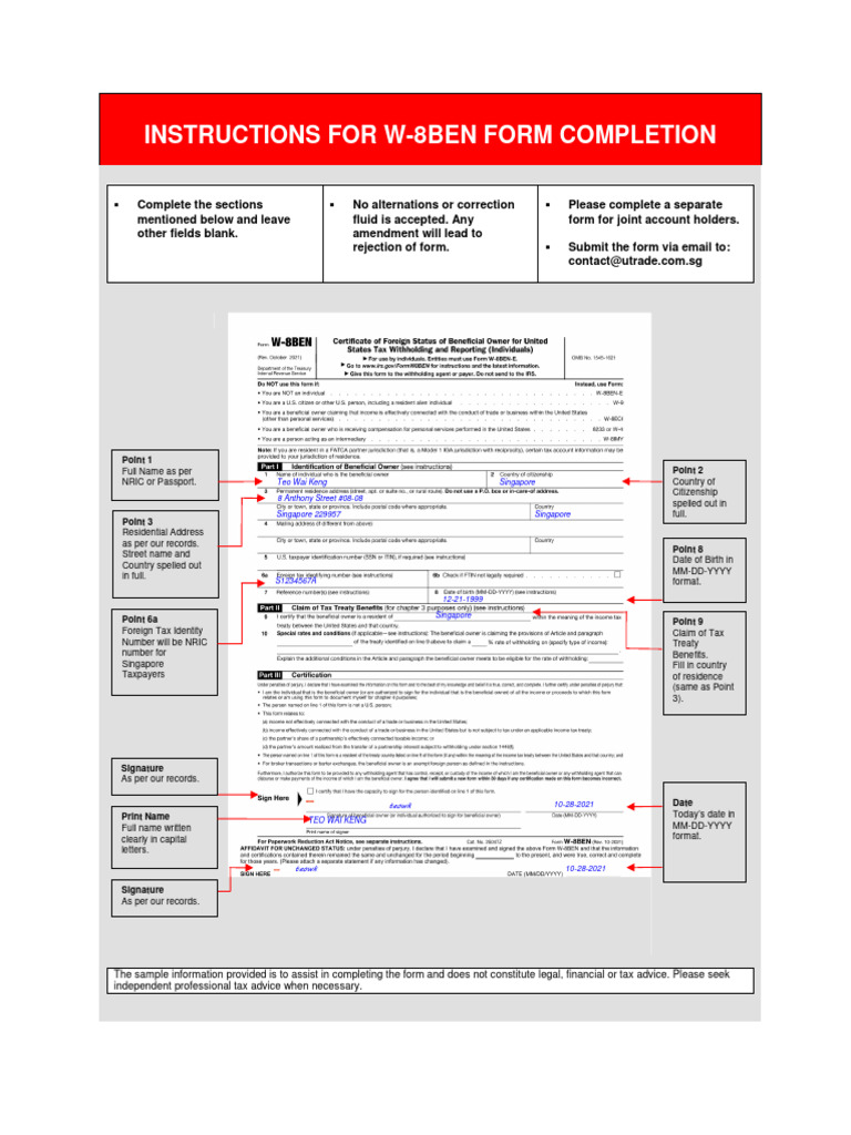 W-8BEN Form Completion Guide | PDF | Irs Tax Forms | Taxes