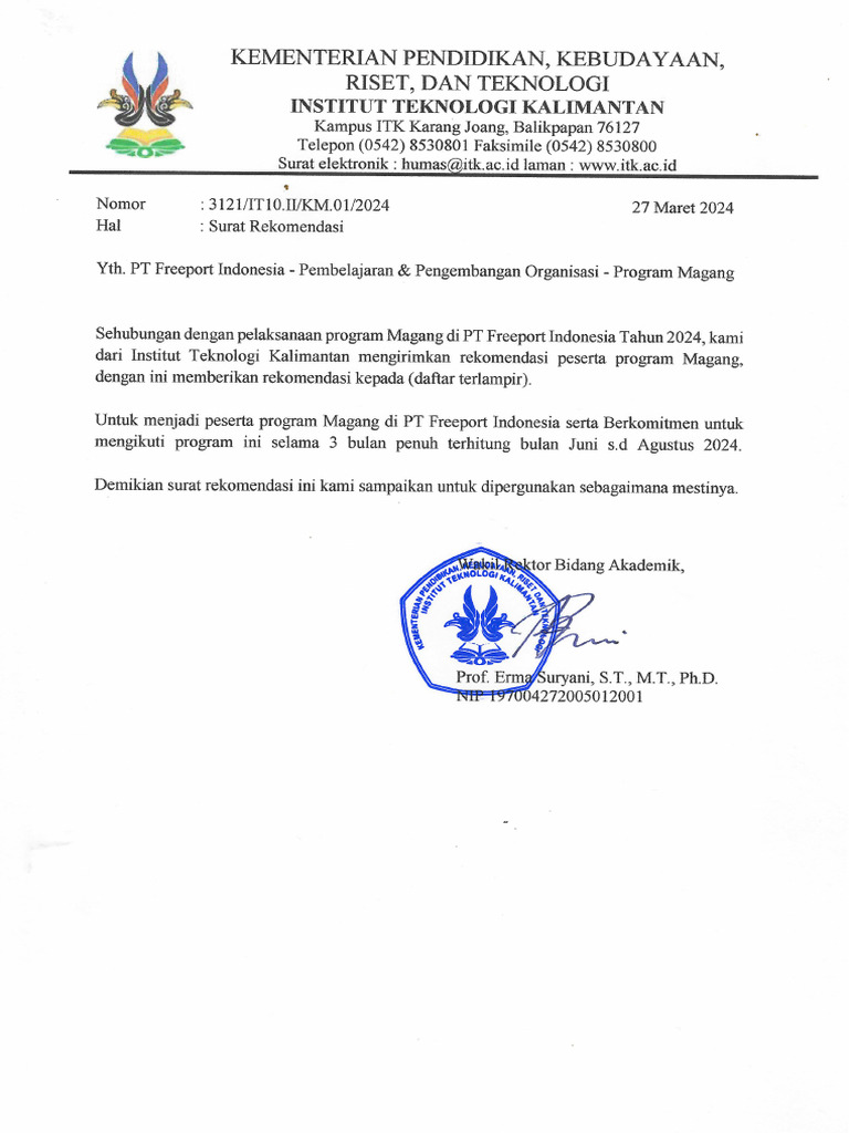 3121 - Surat Rekomendasi Peserta Program Magang Di PT Freeport ...