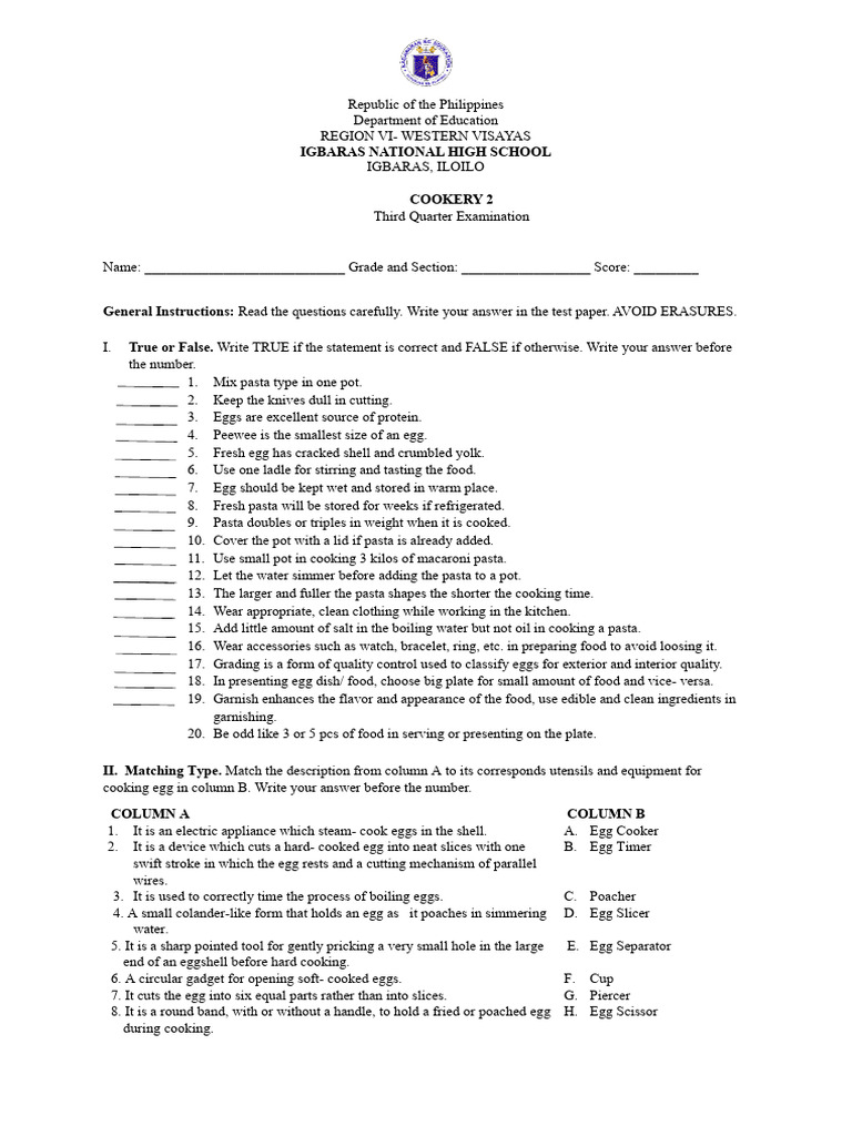 Third Quarter Exam Als Cookery 23-24 | PDF | Pasta | Cooking