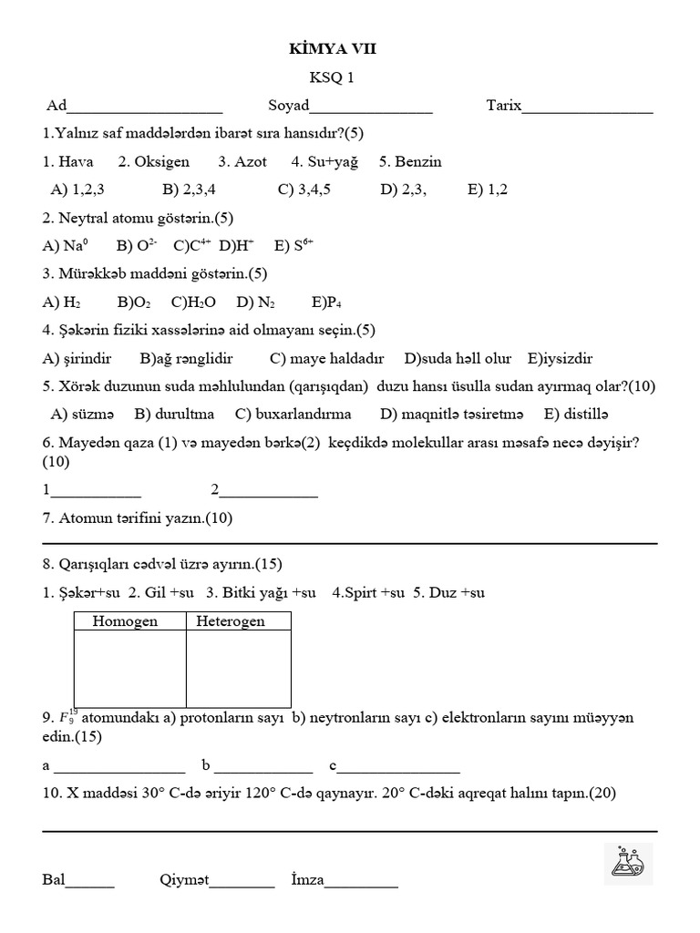 KİMYA VII KSQ 1 | PDF