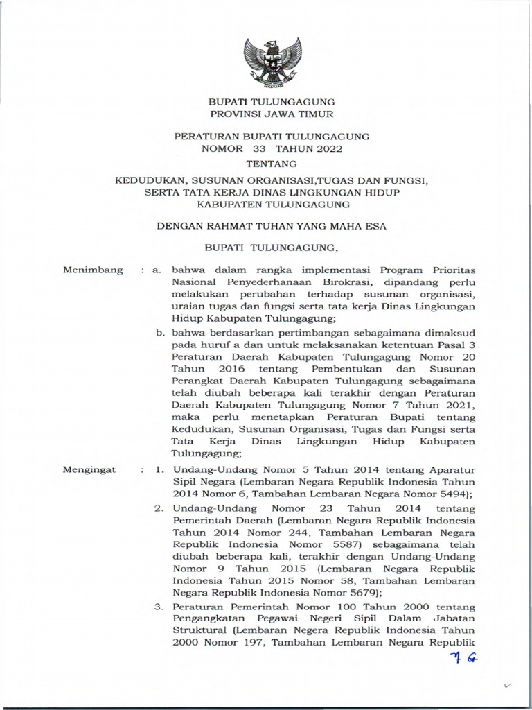 PERBUP NOMOR 33 TAHUN 2022 TENTANG SOTK DINAS LINGKUNGAN HIDUP Tulungagung | PDF