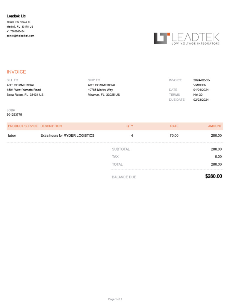 Invoice for ADT Commercial Services | PDF