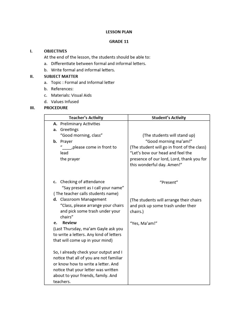Formal vs Informal Letter Lesson Plan | PDF | Lesson Plan | Teachers