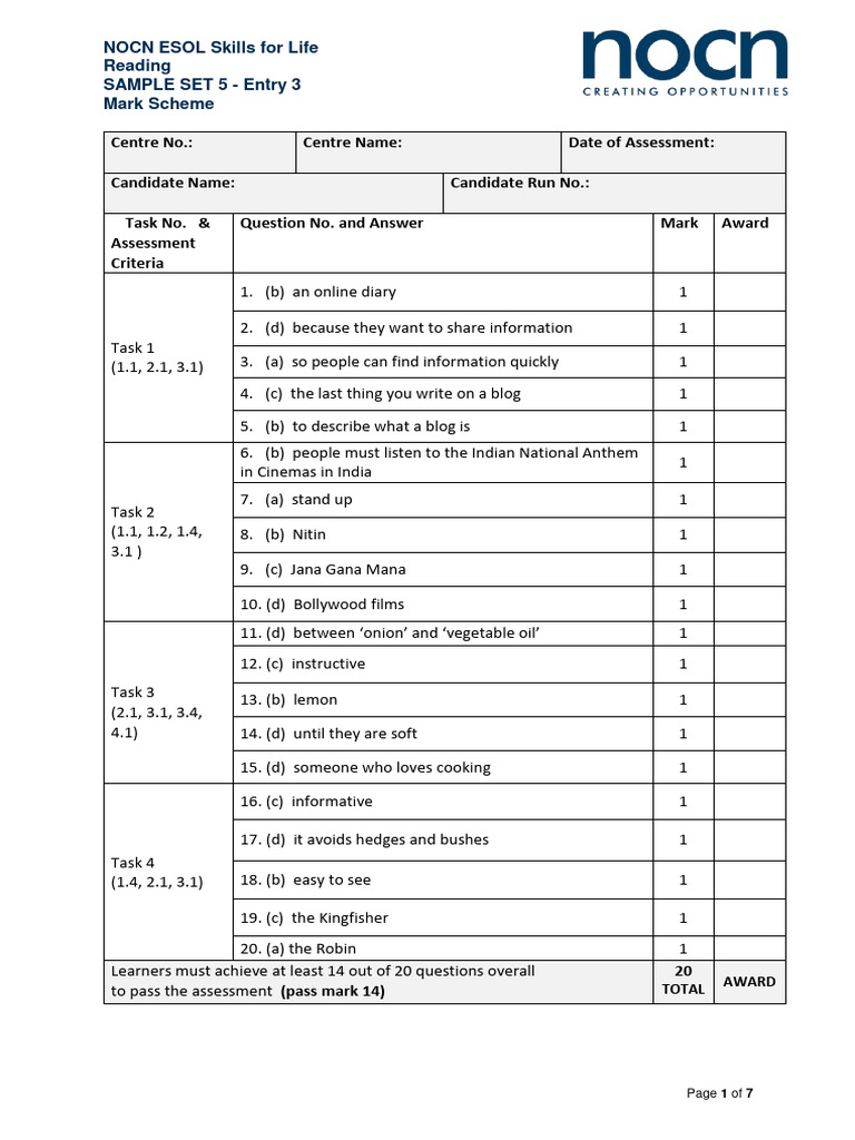 E3 Reading Ms Esol Sample Set 5 Cat 102018 | Download Free PDF ...