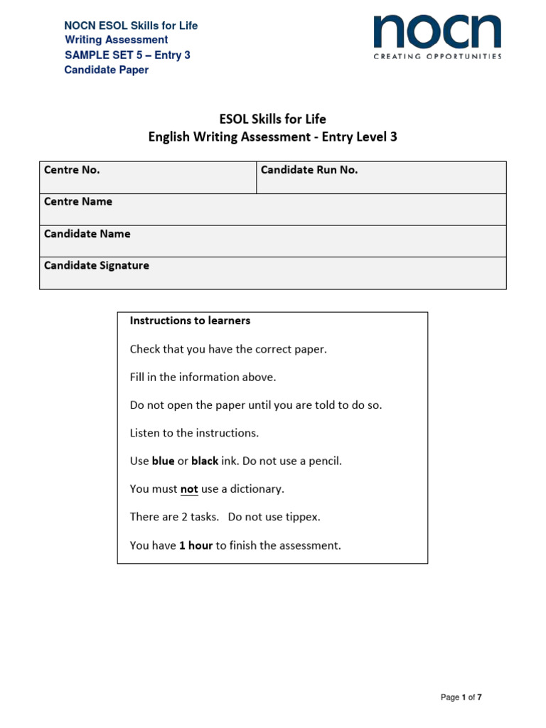 E3 Writing Assessment Esol Sample Set 5 102018 | PDF | English As A ...