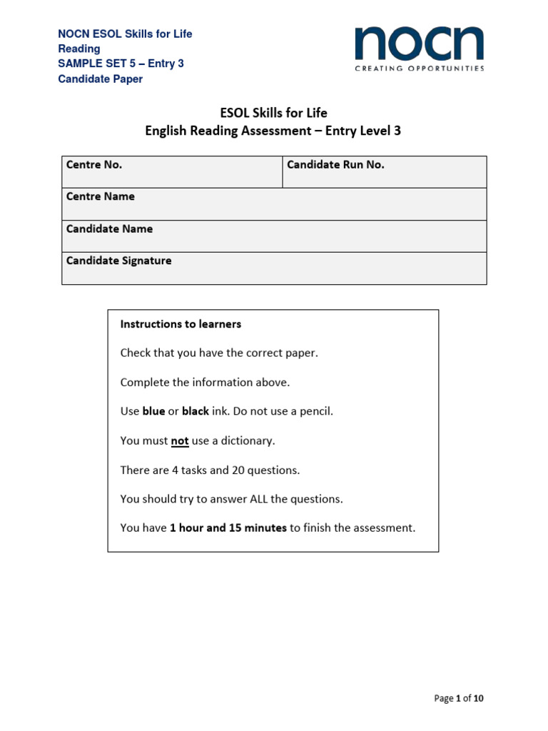 E3 Reading Assessment Esol Sample Set 5 Cat 102018 | PDF | Blog ...