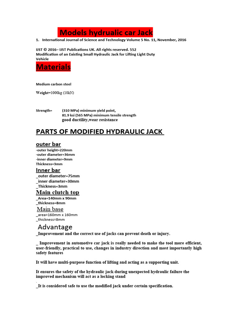 Hydraulic Car Jack Design Improvements | PDF | Technology & Engineering
