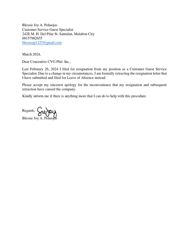 Retraction Letter With Signature | PDF | Career & Growth | Business