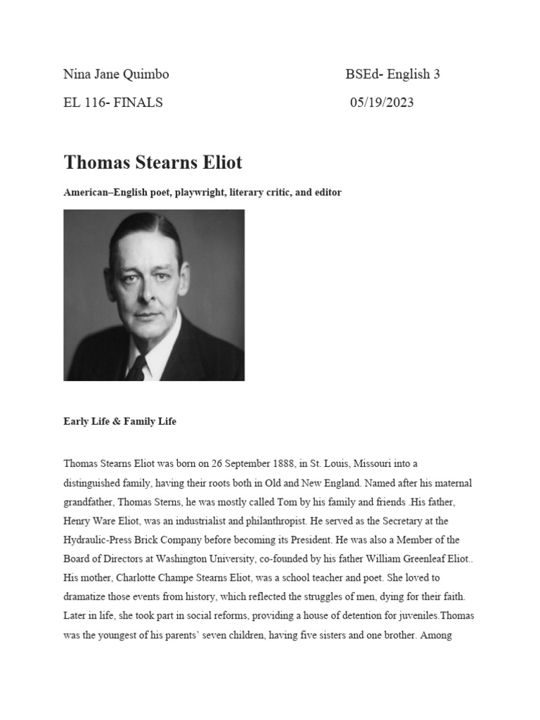 BIOGRAPHY of T.S Eliot | PDF | T. S. Eliot