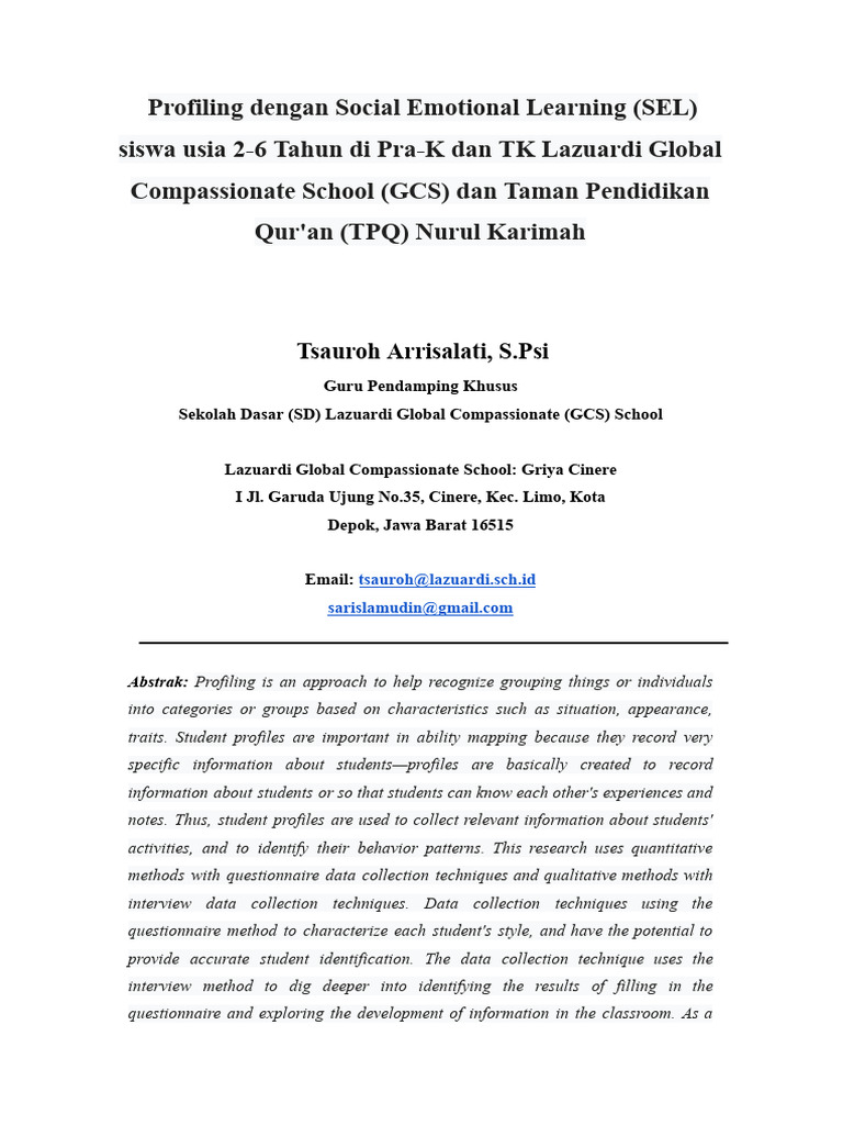 Tsauroh Arrisalati - Profiling Dengan Social Emotional Learning (SEL) Siswa Usia 2-6 Tahun Di ...
