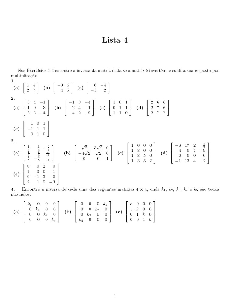 Lista 4 - Geometria Analítica | PDF | Teoría de la matriz | Álgebra lineal