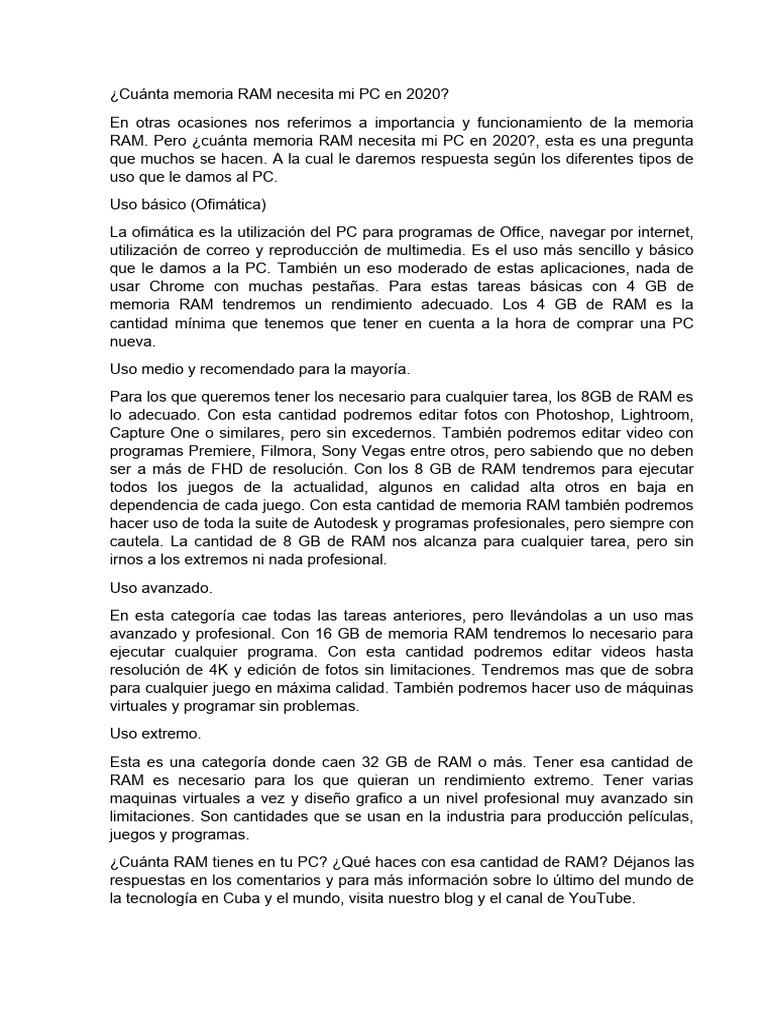 ¿Cuánta Memoria RAM Necesita Mi PC en 2020 | Descargar gratis PDF ... ¿Cuánta Memoria RAM Necesita Mi PC en 2020 | Descargar gratis PDF ...