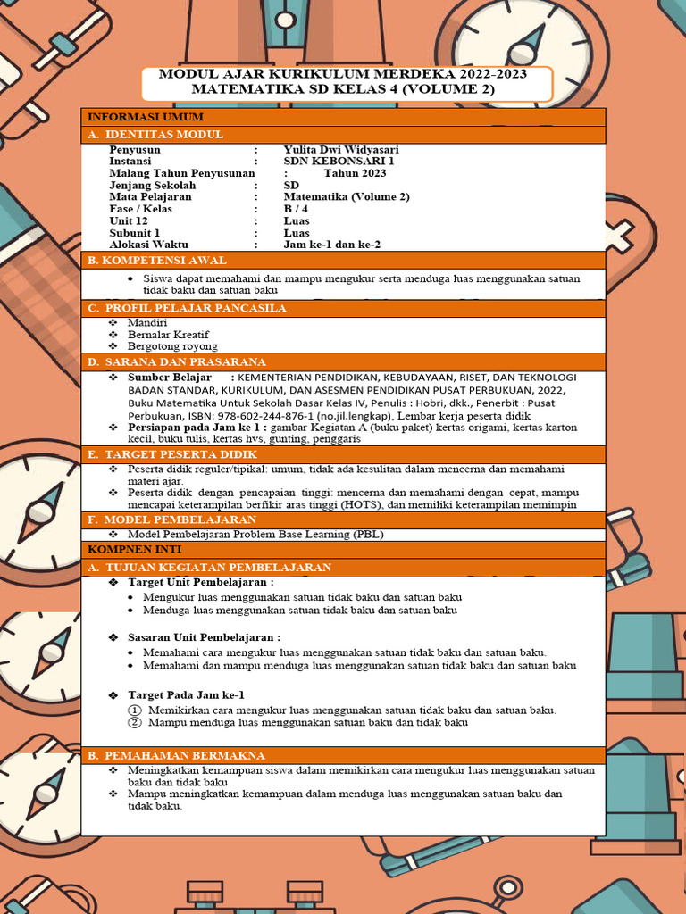 Modul Ajar Matematika Kelas 4 Pengukuran Luas Dan Volume | PDF ...