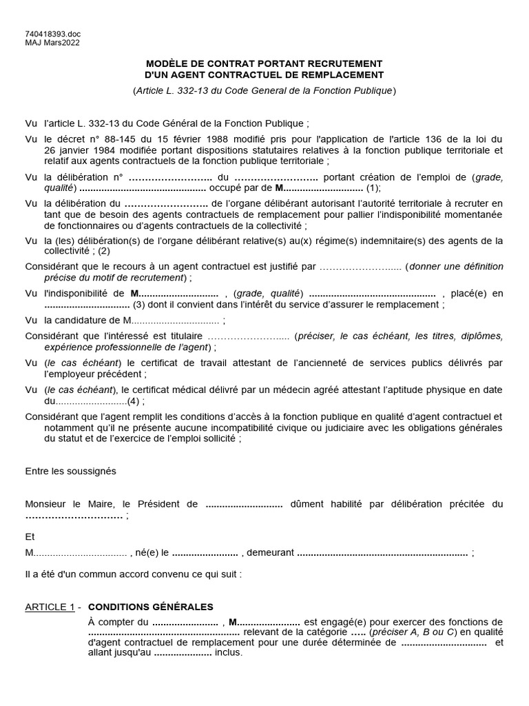 Modèle de contrat d'agent contractuel | PDF | Finance et gestion monétaire