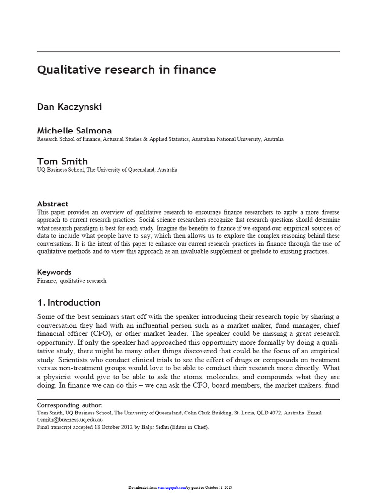 Qualitative Research in Finance: Dan Kaczynski Michelle Salmona Tom Smith | PDF | Qualitative ...