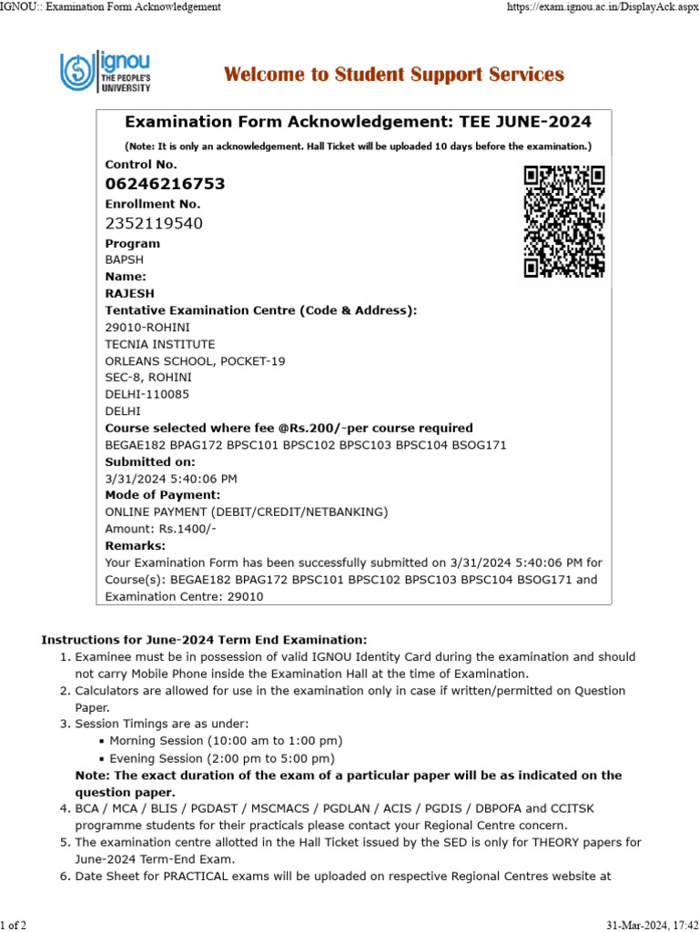 IGNOU Examination Form Acknowledgement | PDF | Banking Technology ...