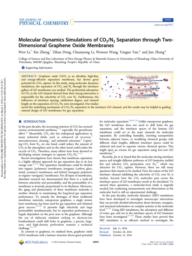 Li Et Al 2016 Molecular Dynamics Simulations of Co2 n2 Separation Through Two Dimensional ...