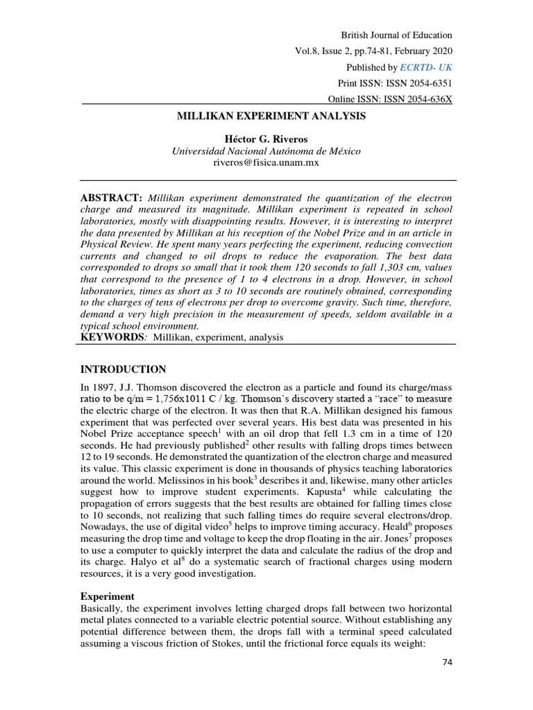 Millikan Experiment Analysis | PDF | Viscosity | Force