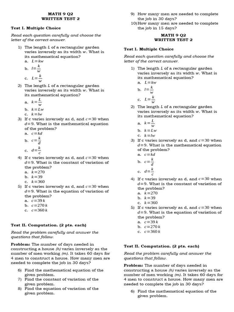 Weekly Math Review Q2: Inverse Variation | PDF | Mathematics | Applied ...