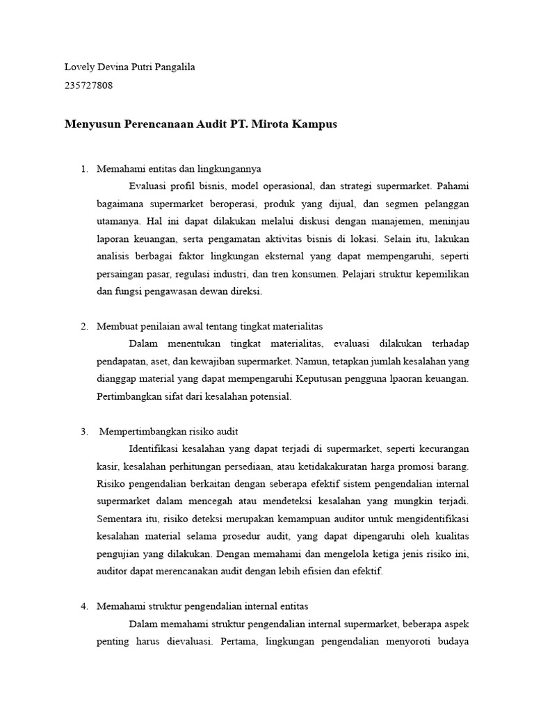 Lovely Devina Putri Pangalila - 235727808 - Menyusun Perencanaan Audit PT. Mirota Kampus | PDF