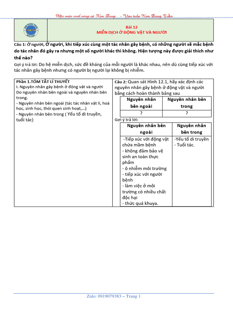 Bài 12- Miễn dịch ở động vật và người -HS -ĐA | PDF