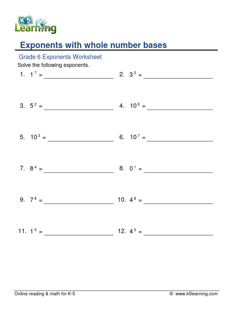 Grade 6 Exponents Whole Number Base Easy B | PDF