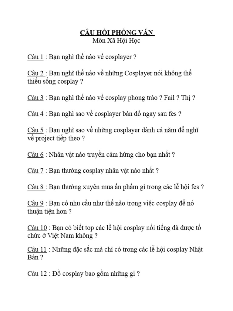 Câu Hỏi Cosplayer (XHH) | PDF