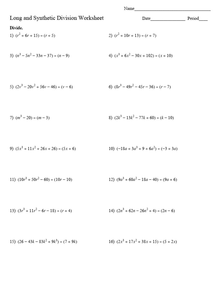 Long and Synthetic Division Worksheet | PDF