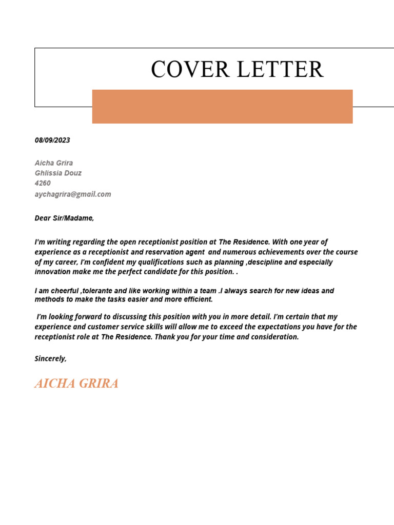 Receptionist Cover Letter Example | PDF