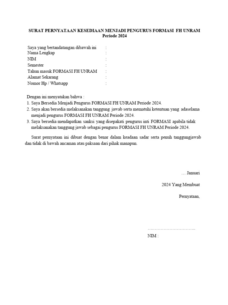 Surat Pernyataan Kesediaan Menjadi Pengurus Formasi FH Unram 2024 | PDF