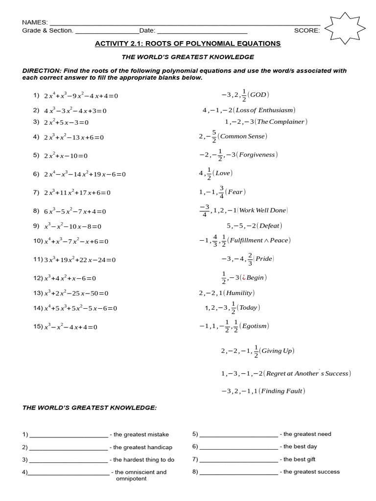 ACTIVITY 2.1 - Roots of Polynomial Equation | PDF | Algebra