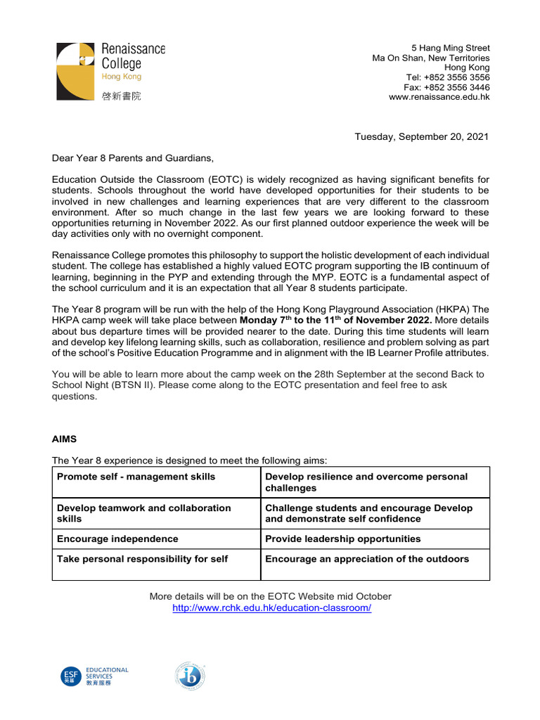 22-23 Nov Y8 HKPA Parent Letter | PDF | Learning | Behavior Modification